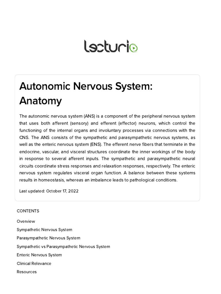 Autonomic Nervous System Overview | PDF | Nervous System | Autonomic ...