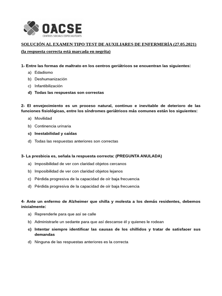 Examen Auxiliares Enfermería 2021 | PDF | Demencia | Enfermedad de ...
