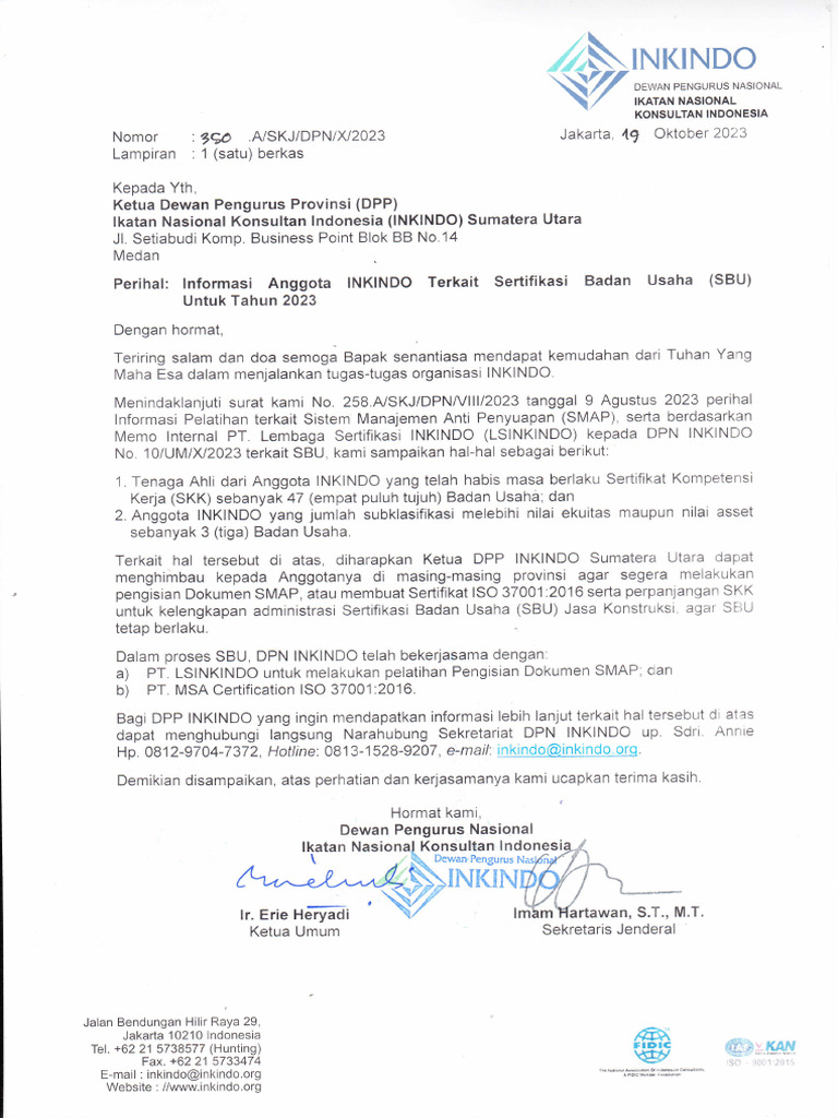 350.A - Ketua DPP INKINDO SUMUT - Lnformasi Anggota INKINDO Terkait Sertifikasi Badan Usaha (SBU ...