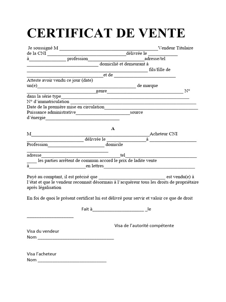 Certificat de Vente | PDF