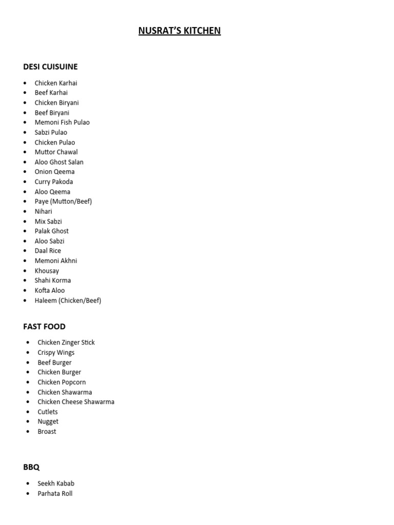 Nusrat's Kitchen Menu | PDF