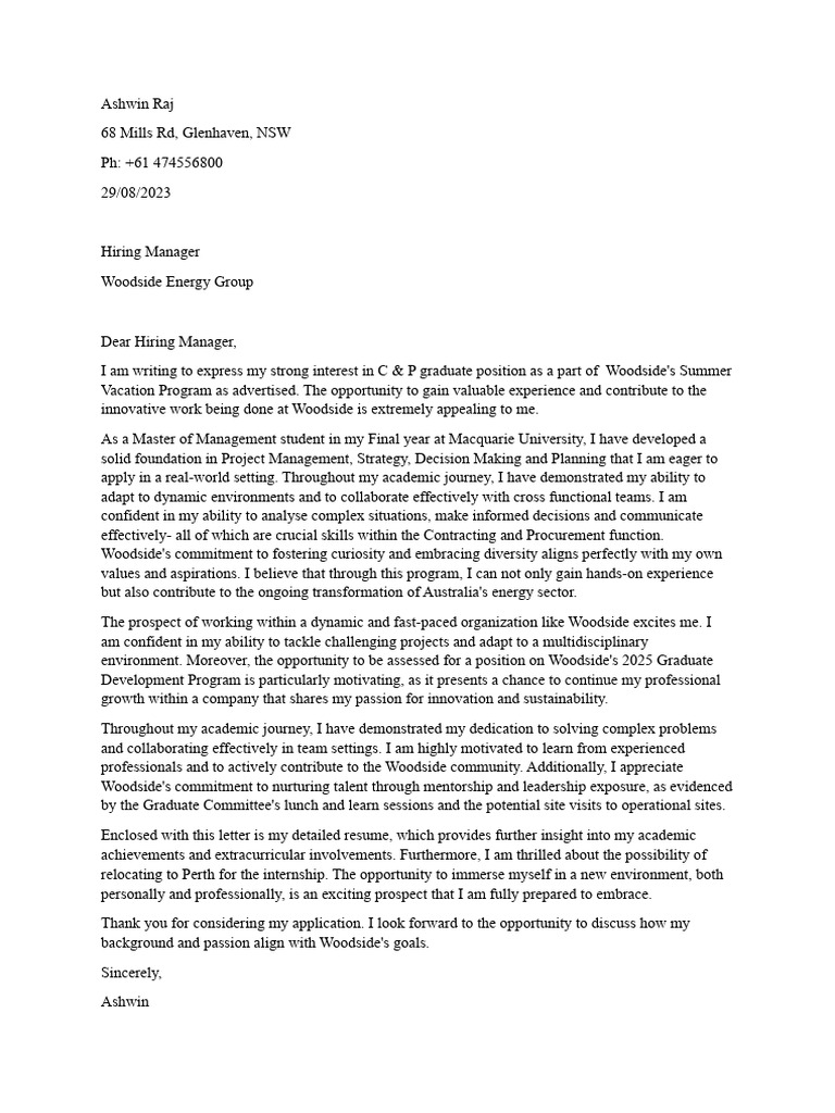 Woodside Cover Letter | PDF