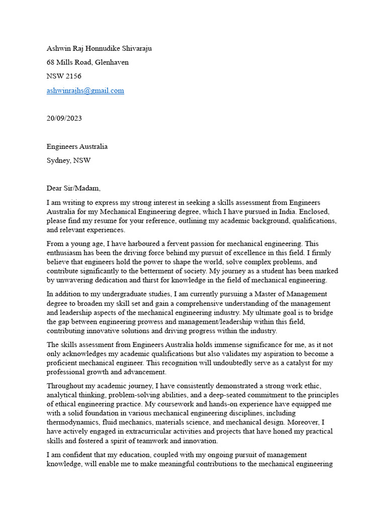 Cover Letter for Engineers Australia Assessment | PDF | Engineering ...