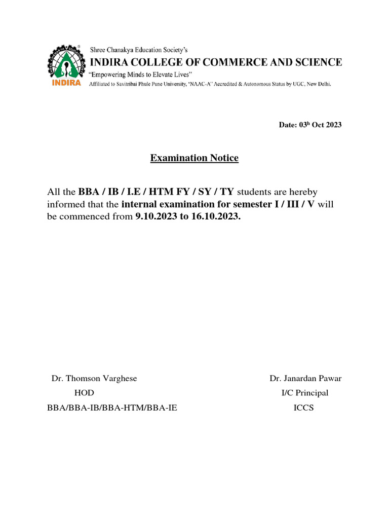 Internal Examination Notice SY | PDF | Leadership | Business Economics