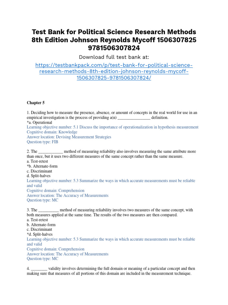 Political Science Research Methods 8th Edition Johnson Test Bank 1 ...