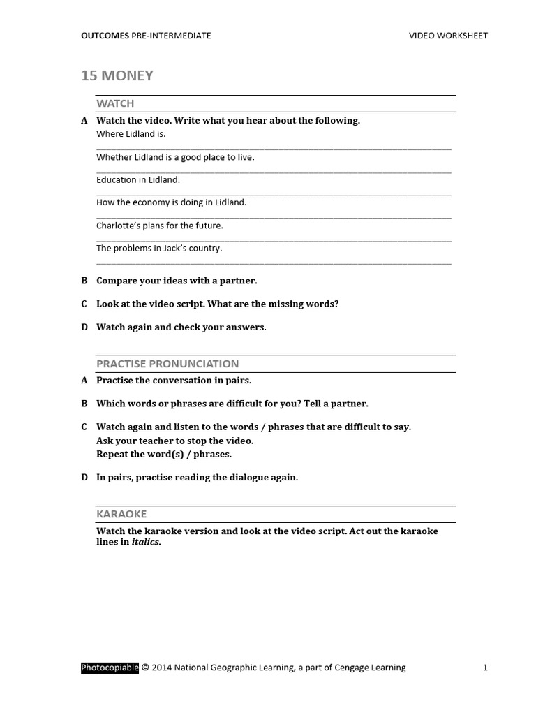 Outcomes Pre-Intermediate Worksheets Unit 15 7 Nov 12 | PDF