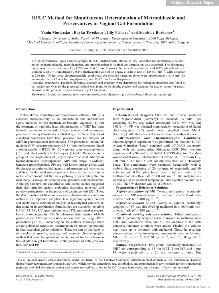20835736 Acta Chromatographica Hplc Method For Simultaneous Determination Of Metronidazole