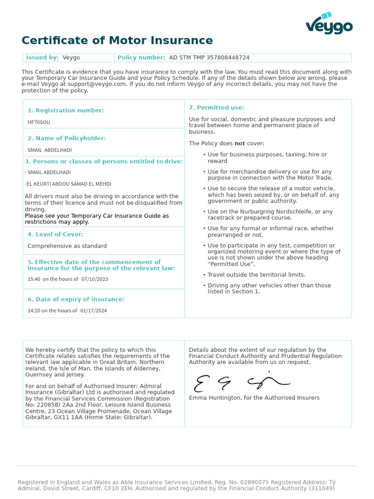 Temporary Cover Certificate of Motor Insurance | PDF | Business | Law