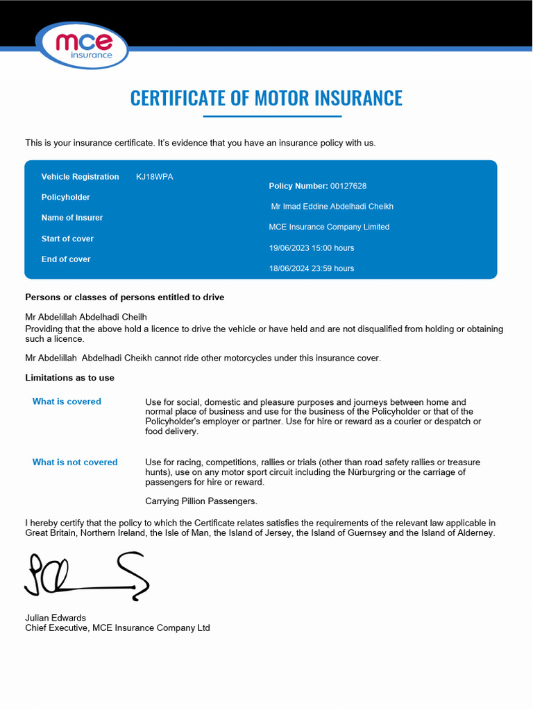 Motor Insurance Certificate UK-EU | PDF | Vehicle Insurance | Insurance