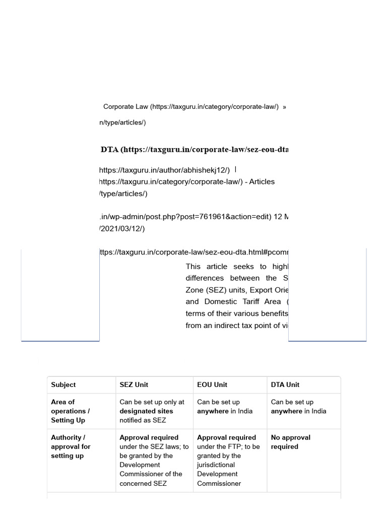 SEZ Vs EOU Vs DTA | PDF | Business | Taxes