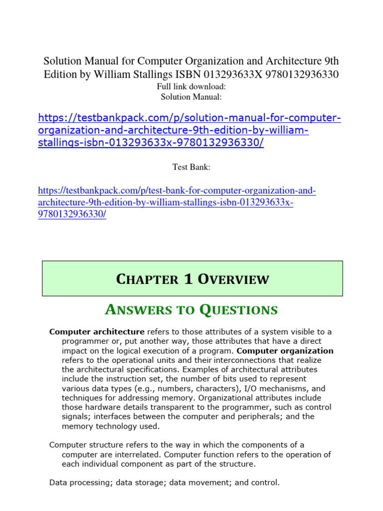 Solution Manual For Computer Organization and Architecture 9th Edition by William Stallings ISBN ...