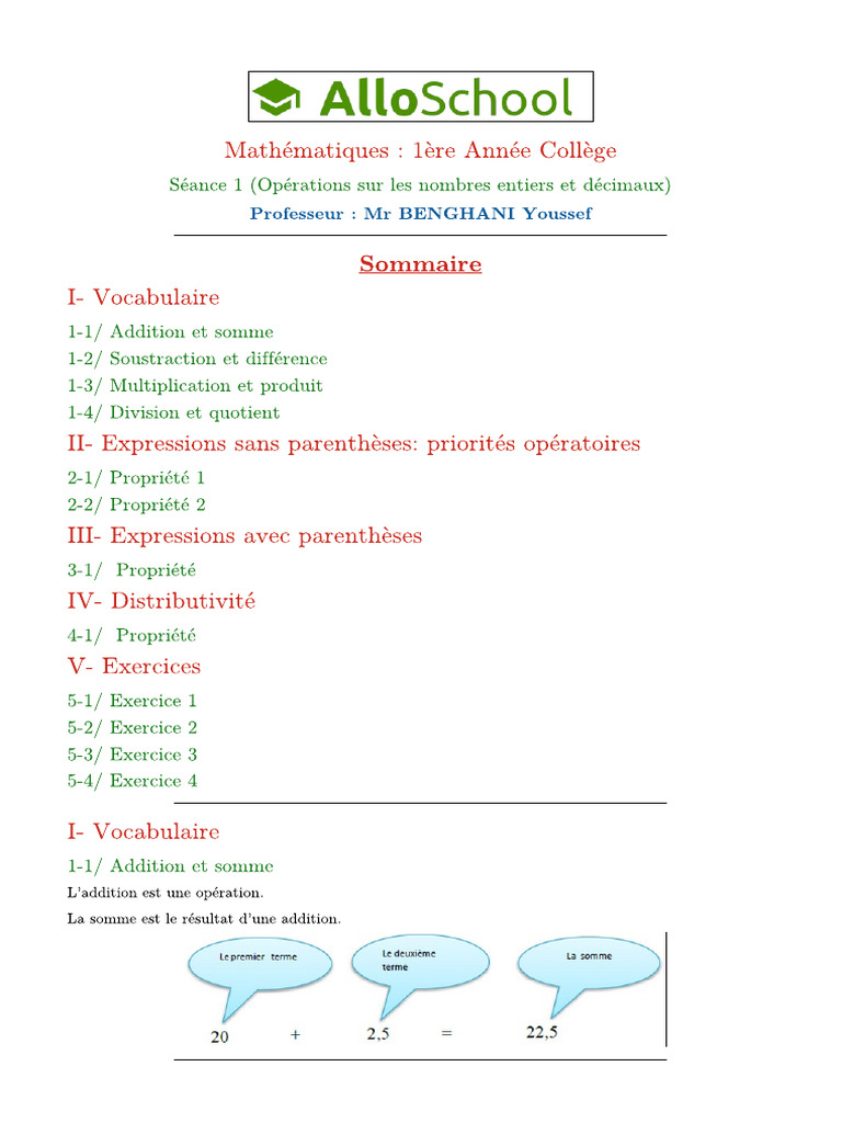 Seance 1 Operations Sur Les Nombres Entiers Et Decimaux 1 | PDF