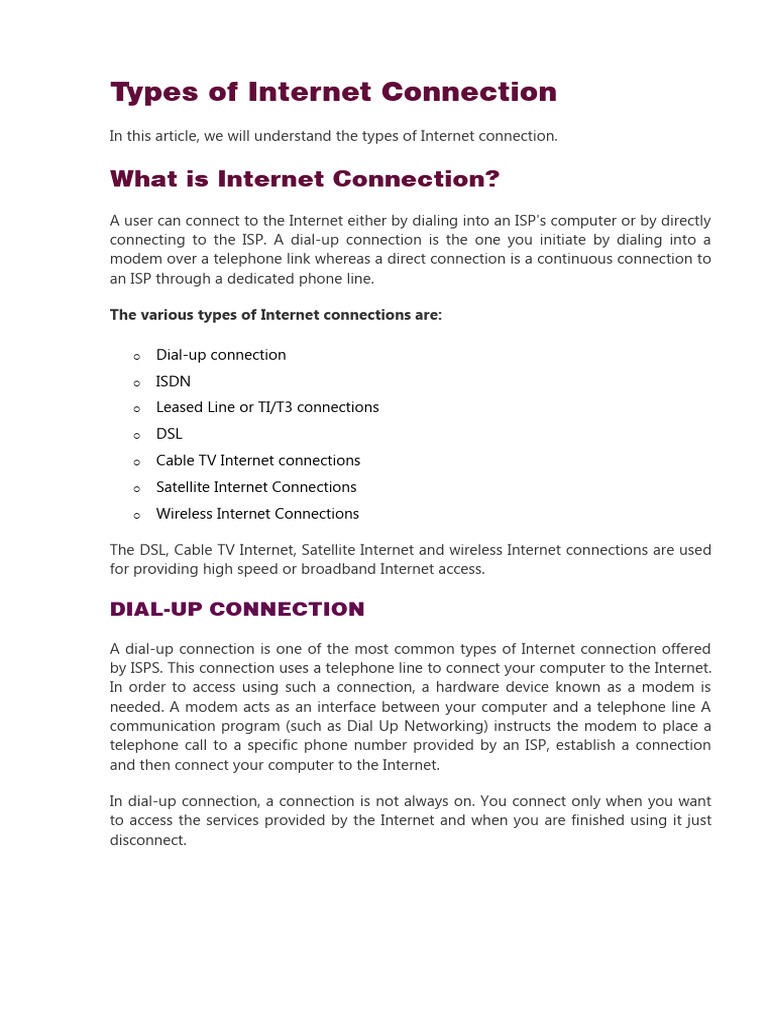 Types of Internet Connection | PDF | Internet Access | Digital ...