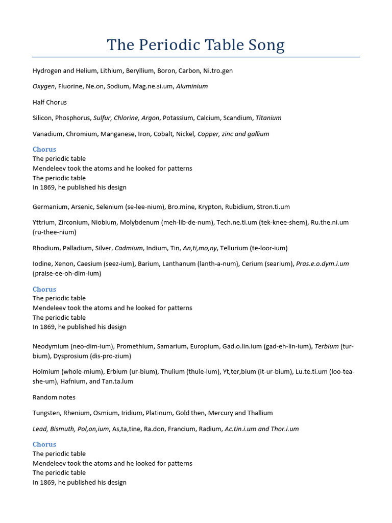 The Periodic Table Song Lyrics | PDF