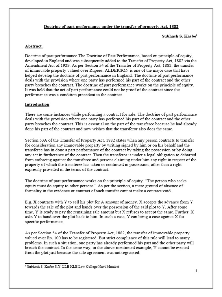 The Doctrine of Part Performance | PDF | Mortgage Law | Consideration