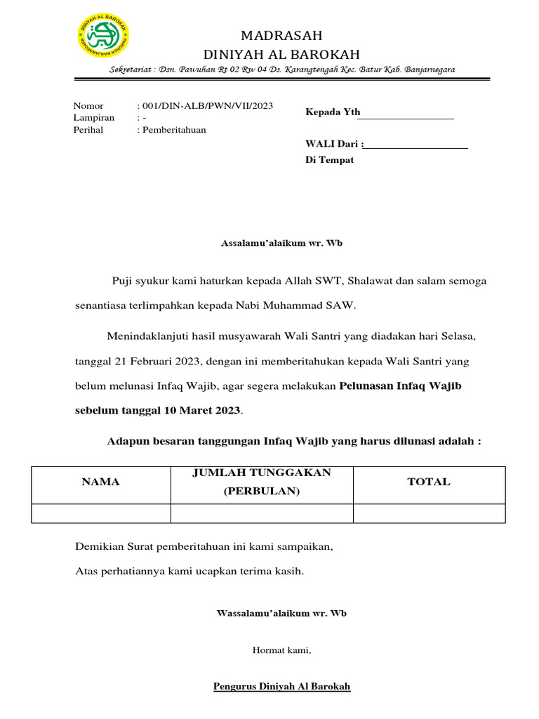Pemberitahuan Pelunasan Infaq | PDF