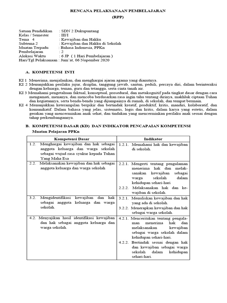 RPP Kelas 3 Tema 4 Sub Tema 2 pb2 | PDF
