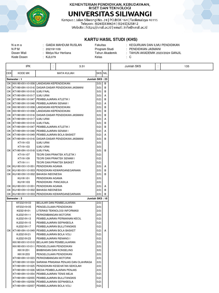 Kartu Hasil Studi (KHS) : Semester: 1 Jumlah SKS: 23 | PDF