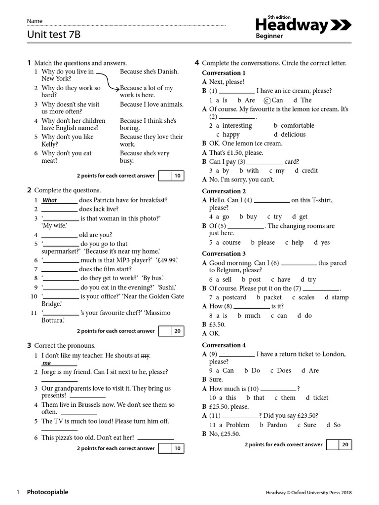 Headway Beginner Unit 7B Test | PDF