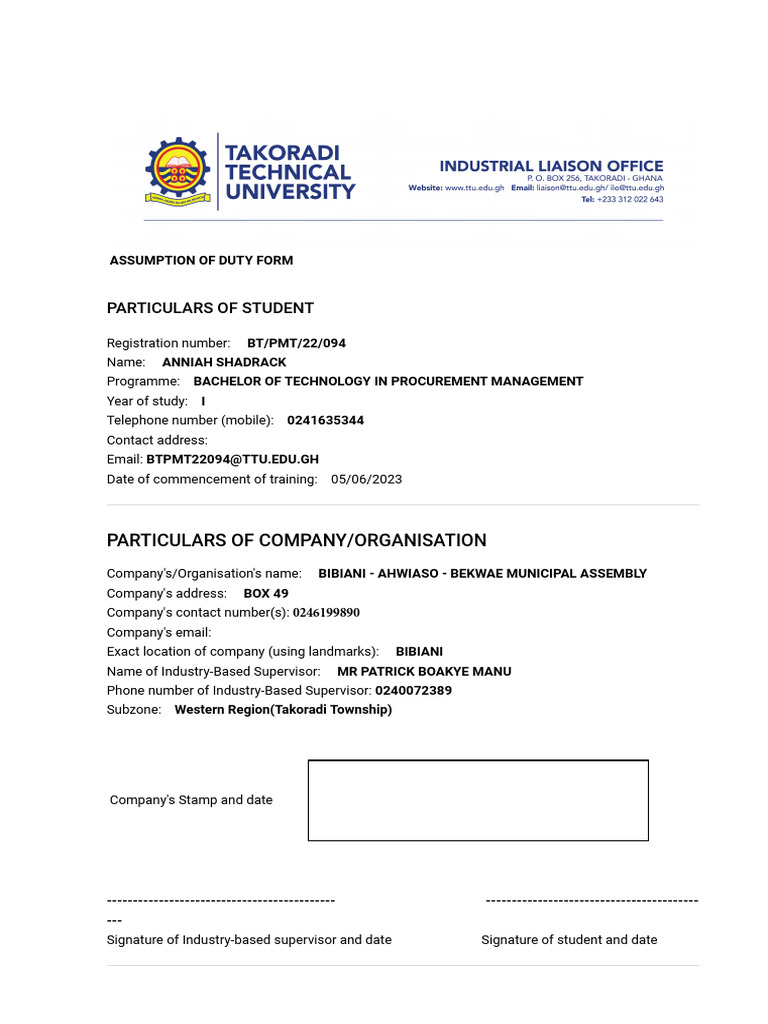 TTU Assumption of Duty Form | PDF