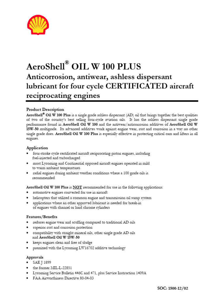 Aeroshell Oil W 100 Plus | PDF