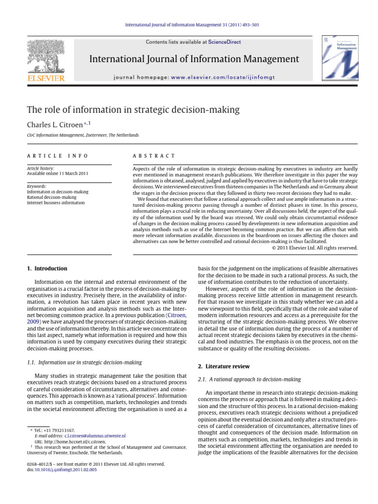 Role of Information in Strategic Decision Making | PDF