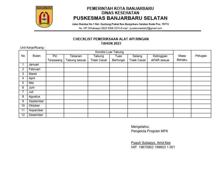 Checklist Pemeriksaan Apar PKM BBS 2023 | PDF