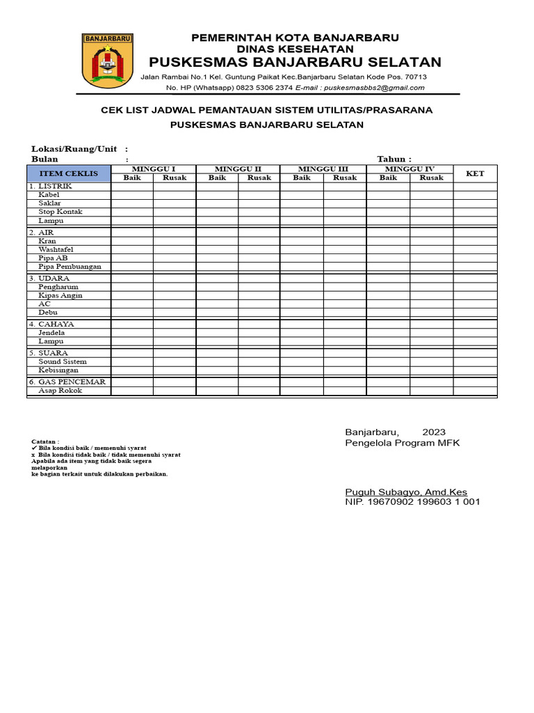 Cek List Jadwal Pemantauan Sistem Utilitas PKM BBS 2023 | PDF