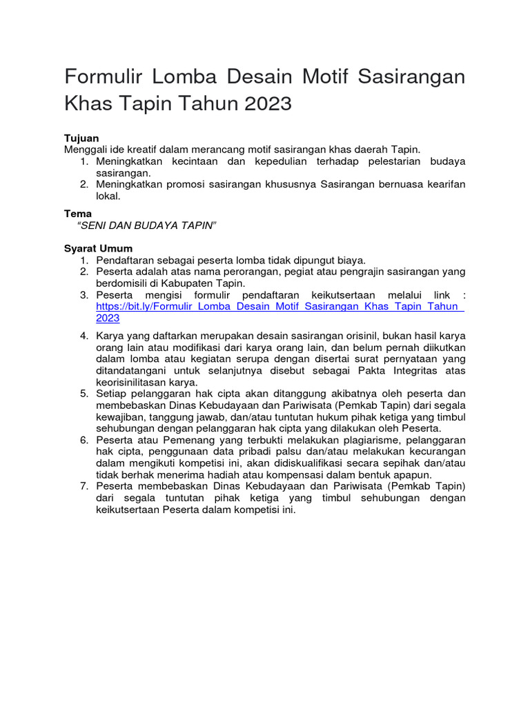 Petunjuk Teknis Lomba Desain Motif Sasirangan Khas Tapin Tahun 2023 | PDF | Seni