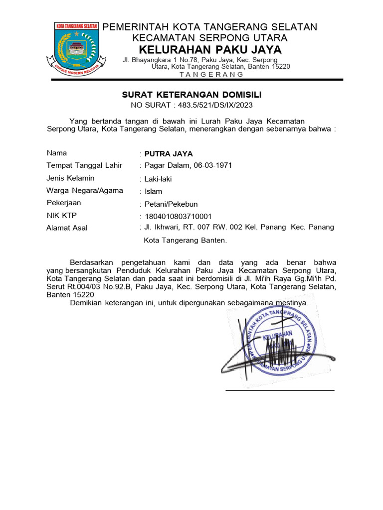 Surat Keterangan Domisili Tangerang Selatan | PDF