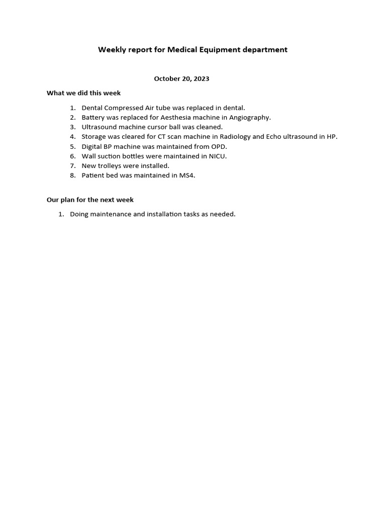 Oct 20 Weekly Report Biomedical Engineering Deparment | PDF