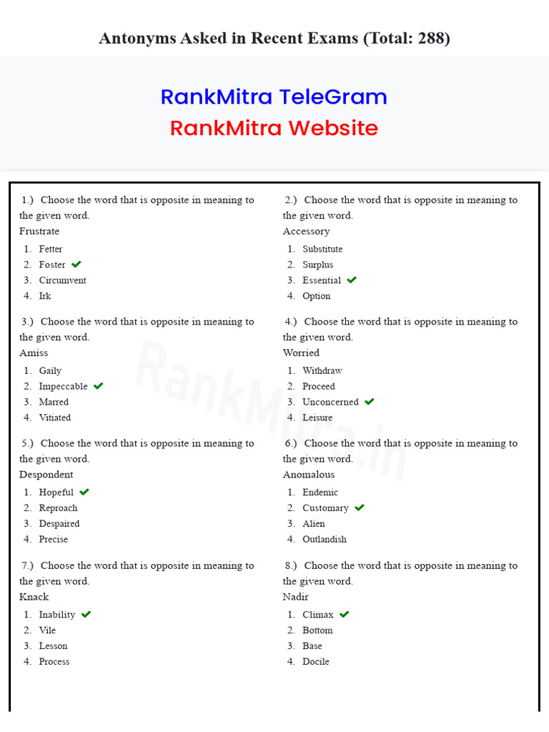 Antonyms Asked in Recent Exams | PDF | Language Arts & Discipline