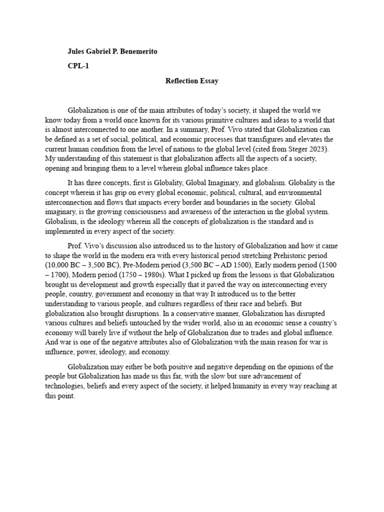 Reflection Essay CWORLD | PDF | Globalization | Economies
