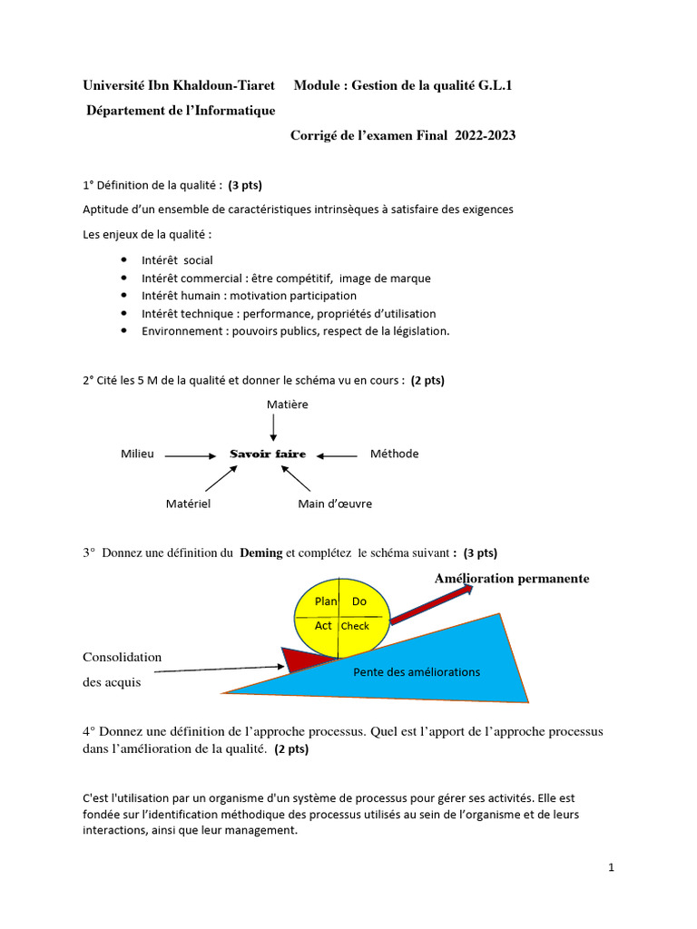 Gestion de La Qualit Corrig de Lexamen Final 2022-2023 | PDF | Management de la qualité ...
