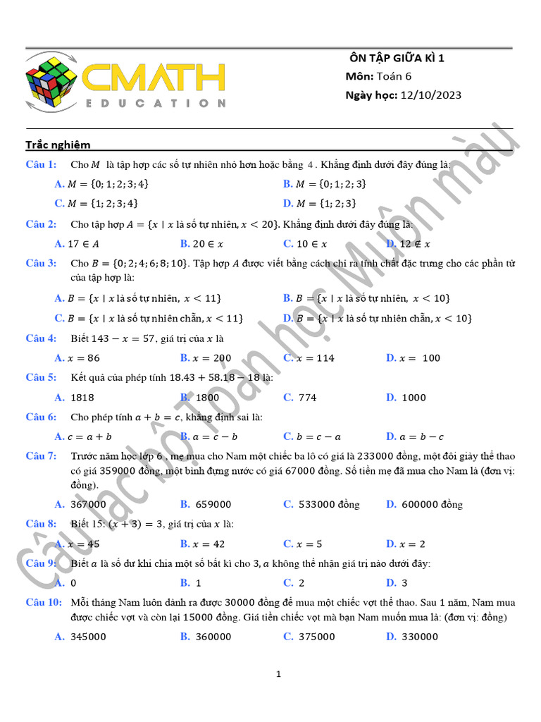 De Cuong Giua Ky 1 Lop 6 Cmath | PDF