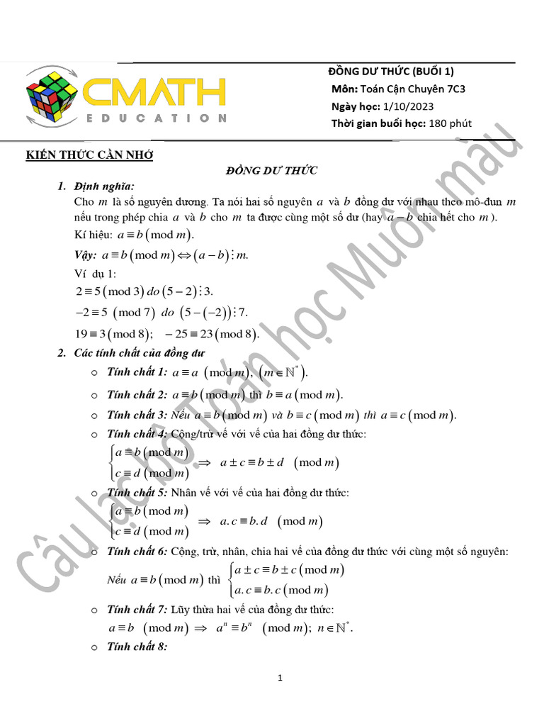 (7C3 - 1 - 10 - 2023) - Đồng Dư Thức (Buổi 1) | PDF