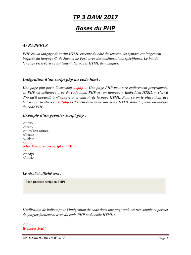 Introduction au PHP : Scripts et Exercices | PDF