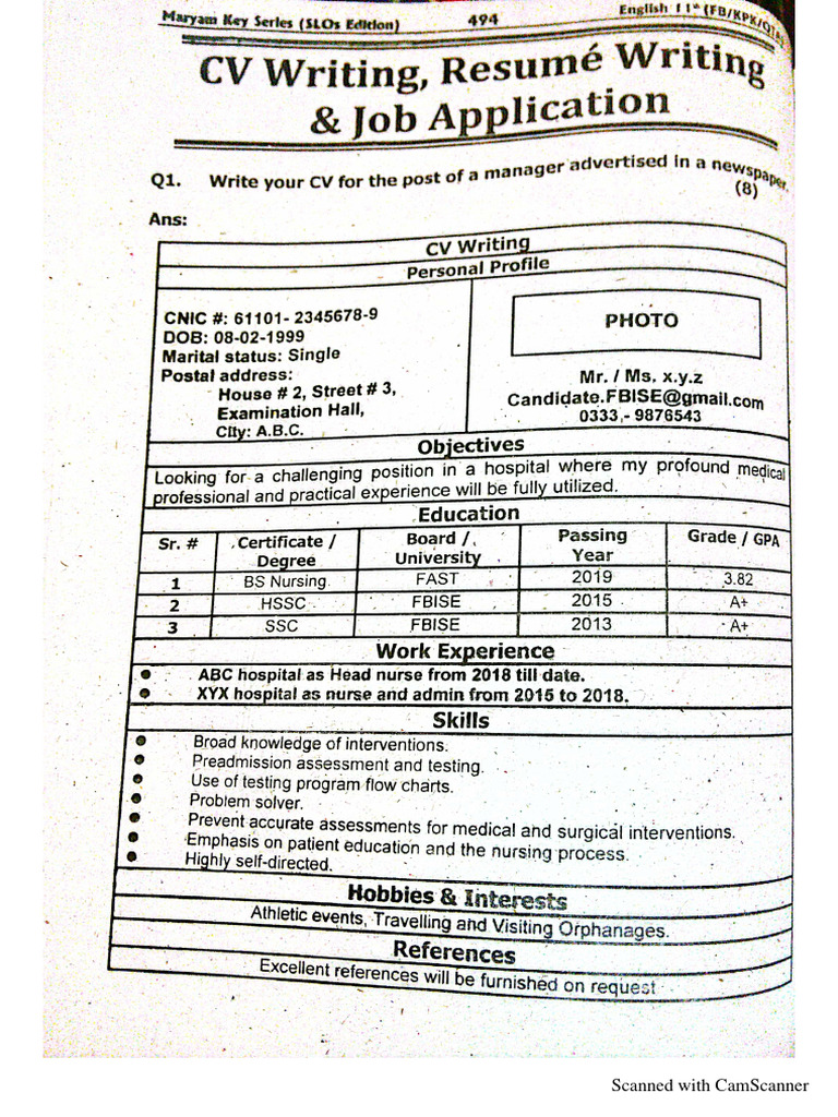 CV Writing (1st Year) Sample | PDF