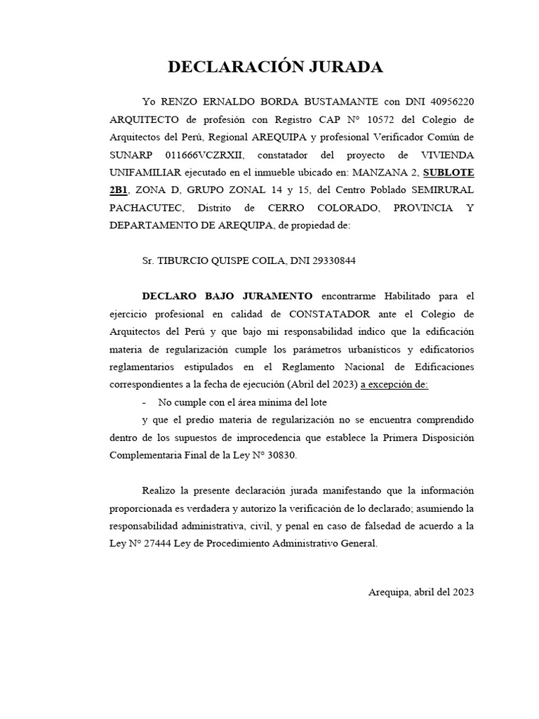 DECLARACION - JURADA - ARQUITECTO - Sublote 2B1 | PDF