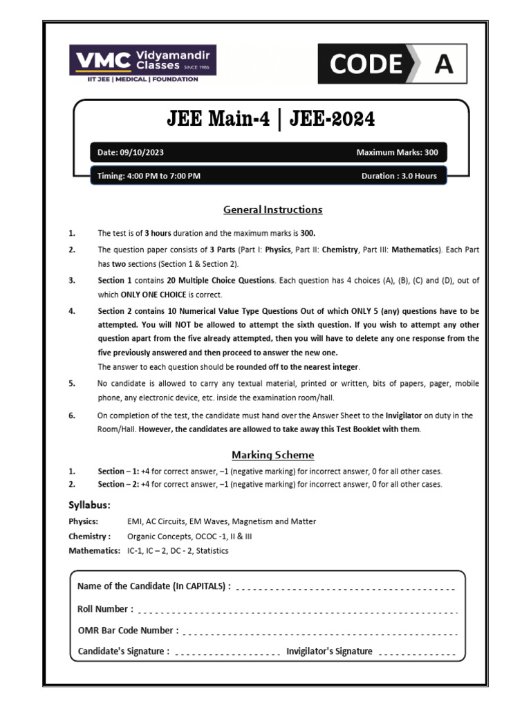 2024 JEE Main 4 Paper | PDF