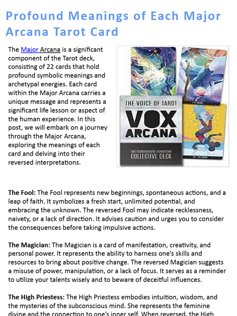 Profound Meanings of Each Major Arcana Tarot Card | PDF | Self-Improvement