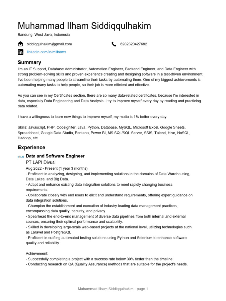 Resume Muhammad Ilham Siddiqqulhakim | PDF | Databases | Sql