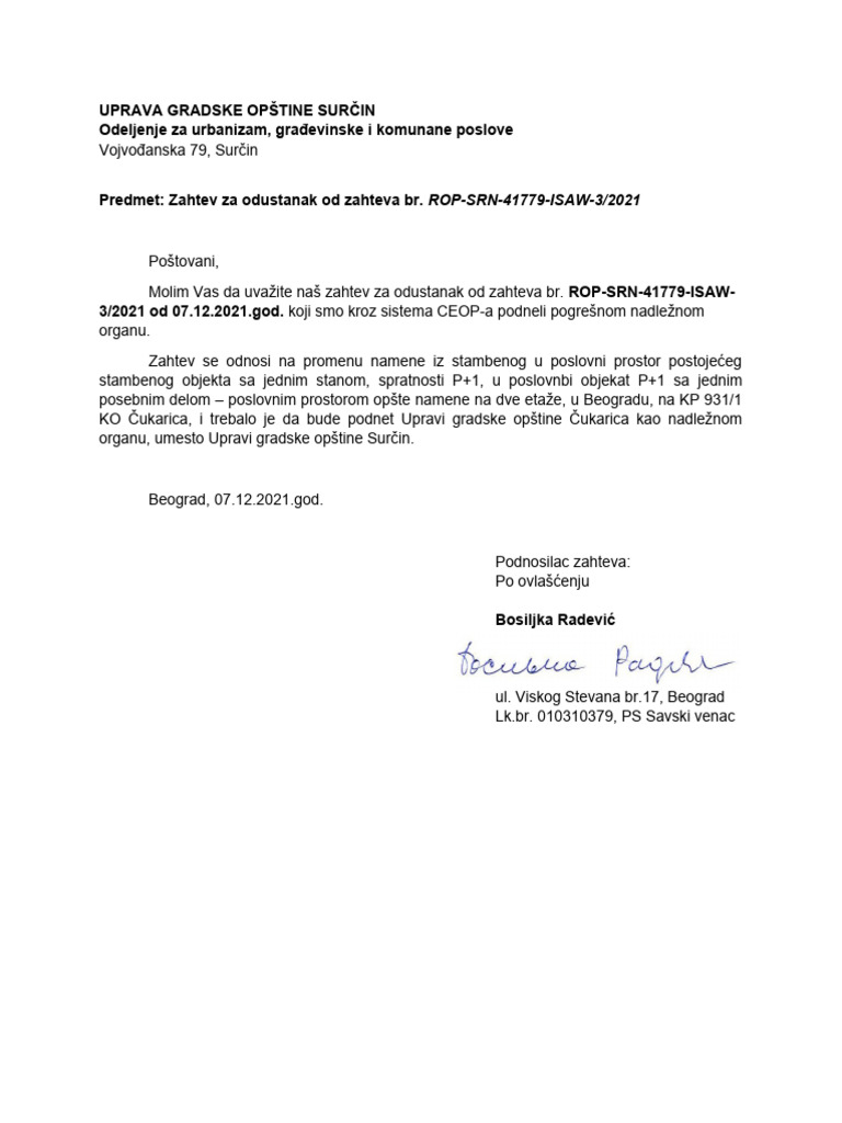 Zahtev Za Odustanak Od Predmeta | PDF