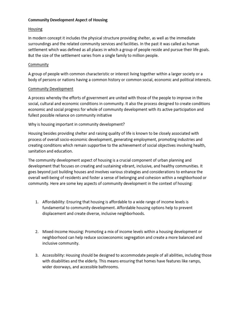 Community Development Aspect of Housing | PDF | Community | Quality Of Life