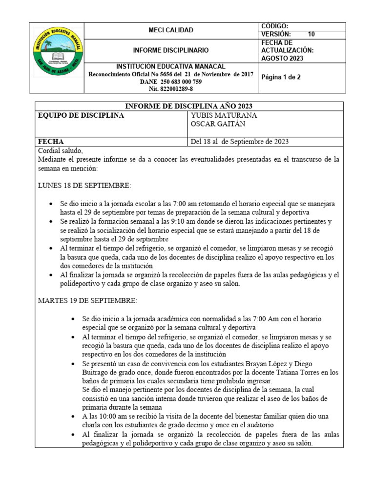 Informe Disciplinario Septiembre 2023 | PDF