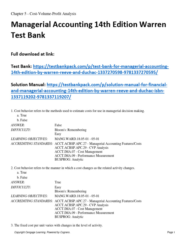 Managerial Accounting 14th Edition Warren Test Bank 1 | PDF ...