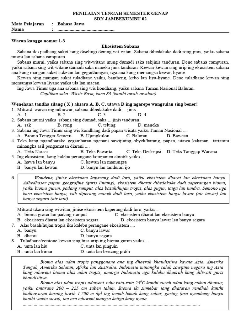 Soal PTS Genap Jawa Kelas 5 | PDF