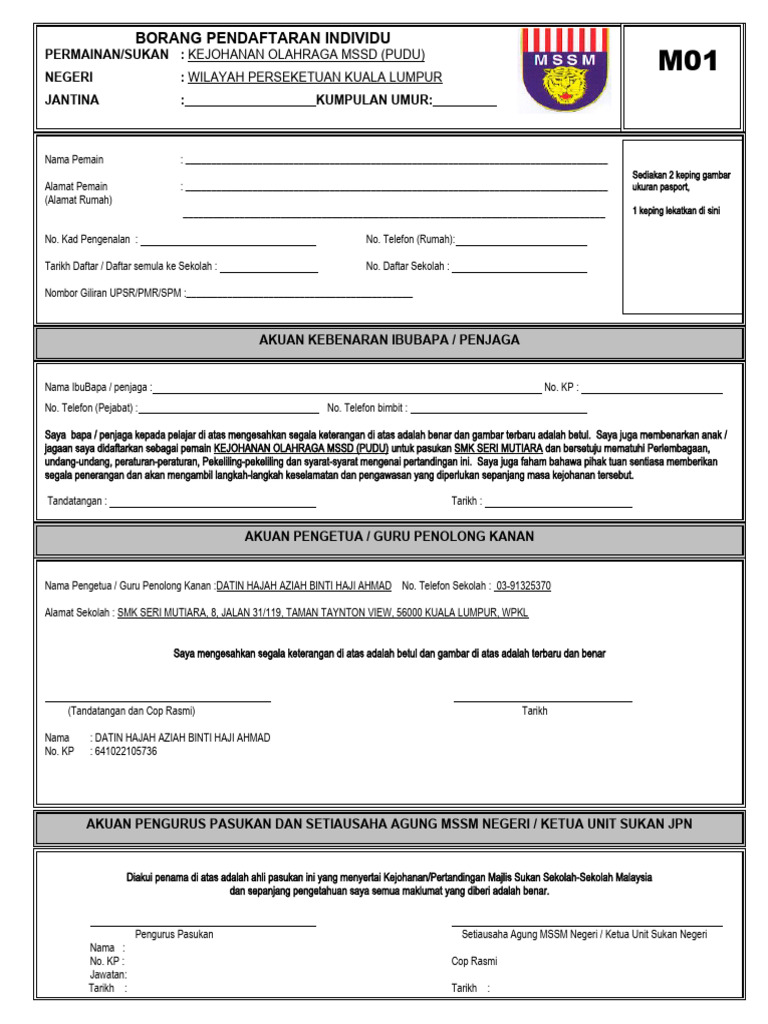 Borang M01 Olahraga | PDF | Olahraga & Rekreasi