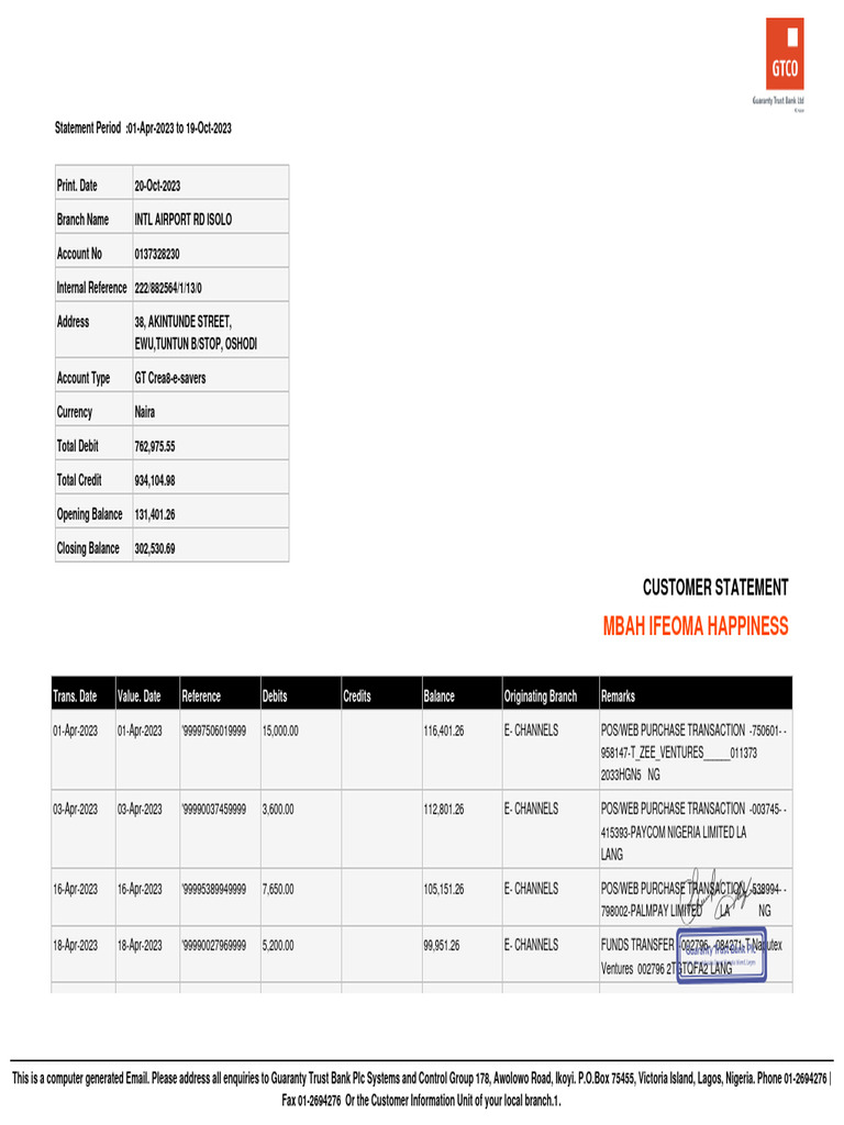 Mbah Ifeoma Happiness: Customer Statement | PDF | Automated Teller Machine | Wire Transfer