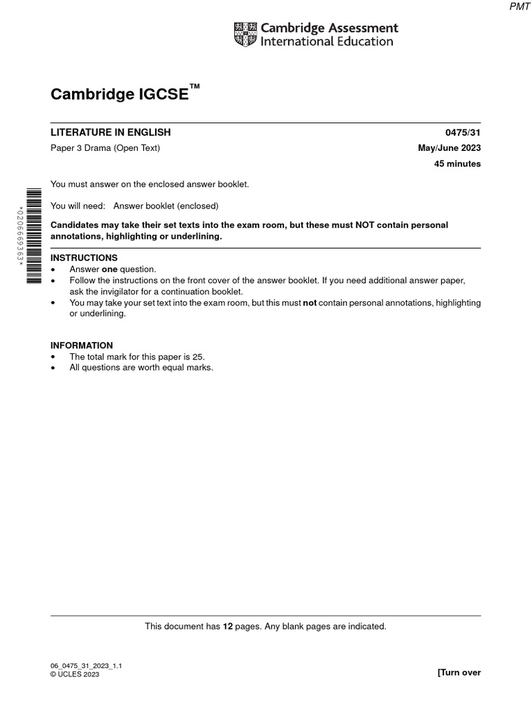 June 2023 (v1) QP - Paper 3 CAIE English Literature IGCSE | PDF